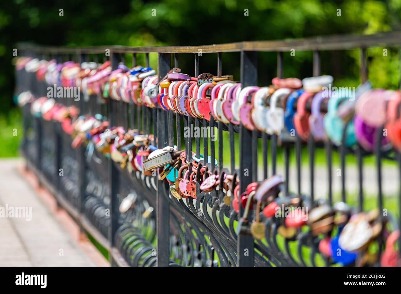 traditional wedding locks on the fence of the bridgeof the bridge Stock ...
