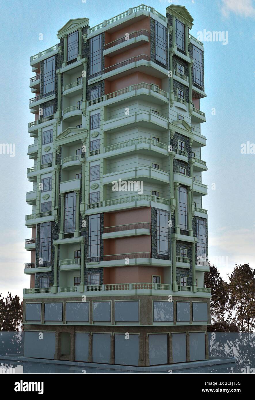 3d illustration colored rendering building real estate with road ...