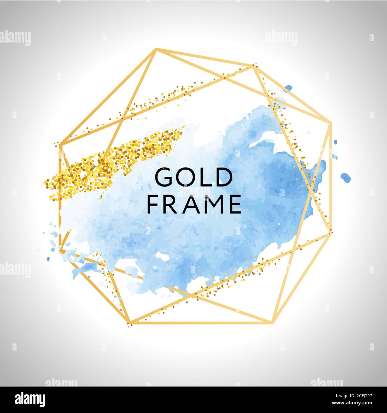 Pastel blue watercolor spots and gold lines. Gold round contour frame ...