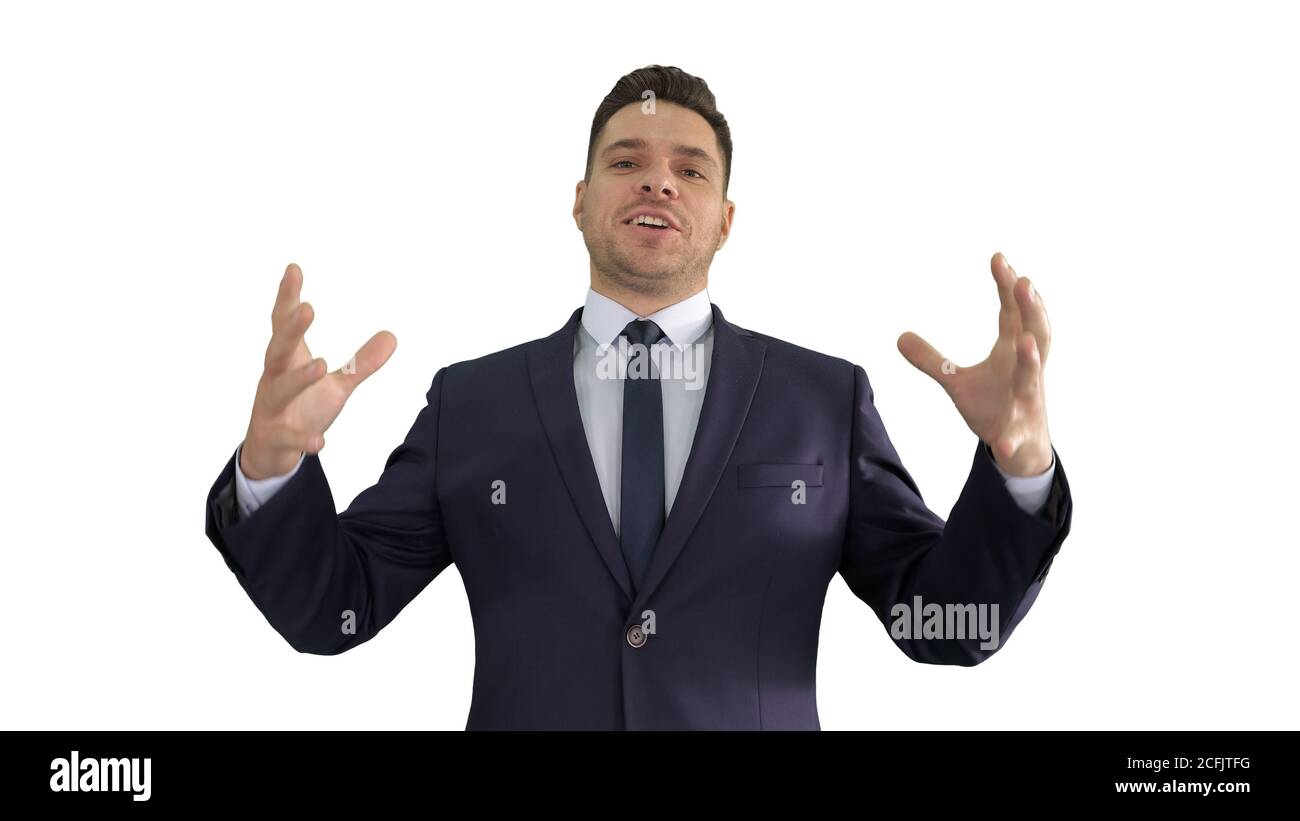 Man in formal clothes speaking to camera doing hand gestures in a very ...