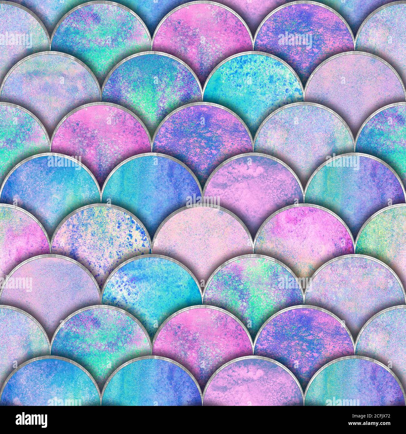 Mermaid fish scale wave japanese seamless pattern. Watercolor hand ...