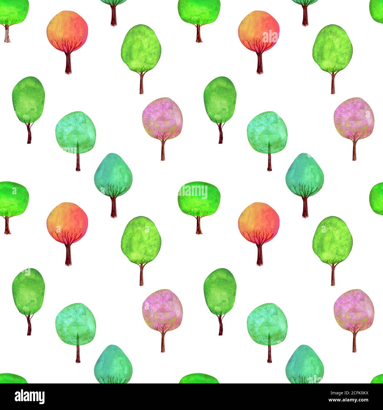 Seamless pattern of watercolor colorful trees on white background ...