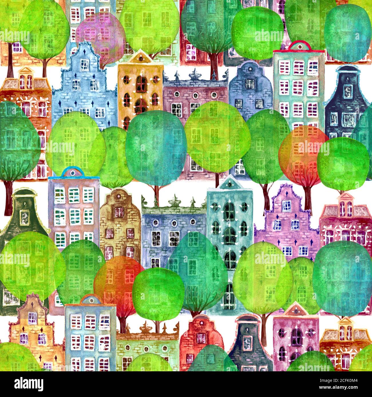 Old europe houses. Seamless pattern of watercolor colorful european ...