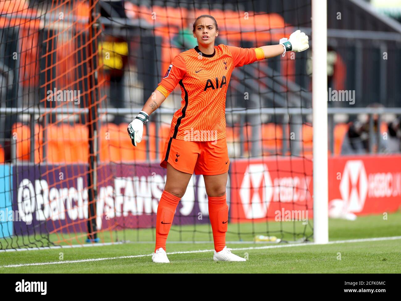 Tottenham Hotspur's goalkeeper Rebecca Spencer gestures on the pitch ...