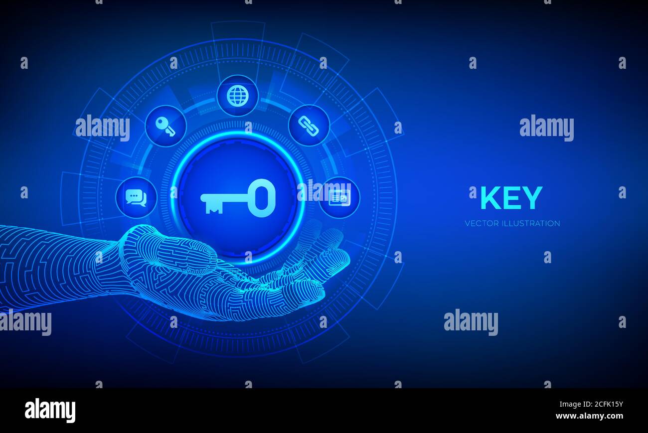 Key icon in robotic hand. Keyword. Key to success or solution. Turnkey ...