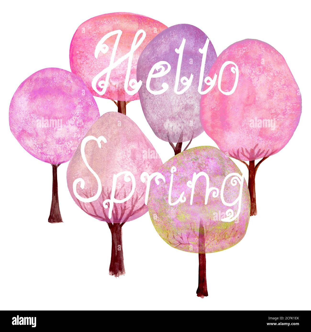 Hello Spring lettering pink trees set banner watercolour background ...