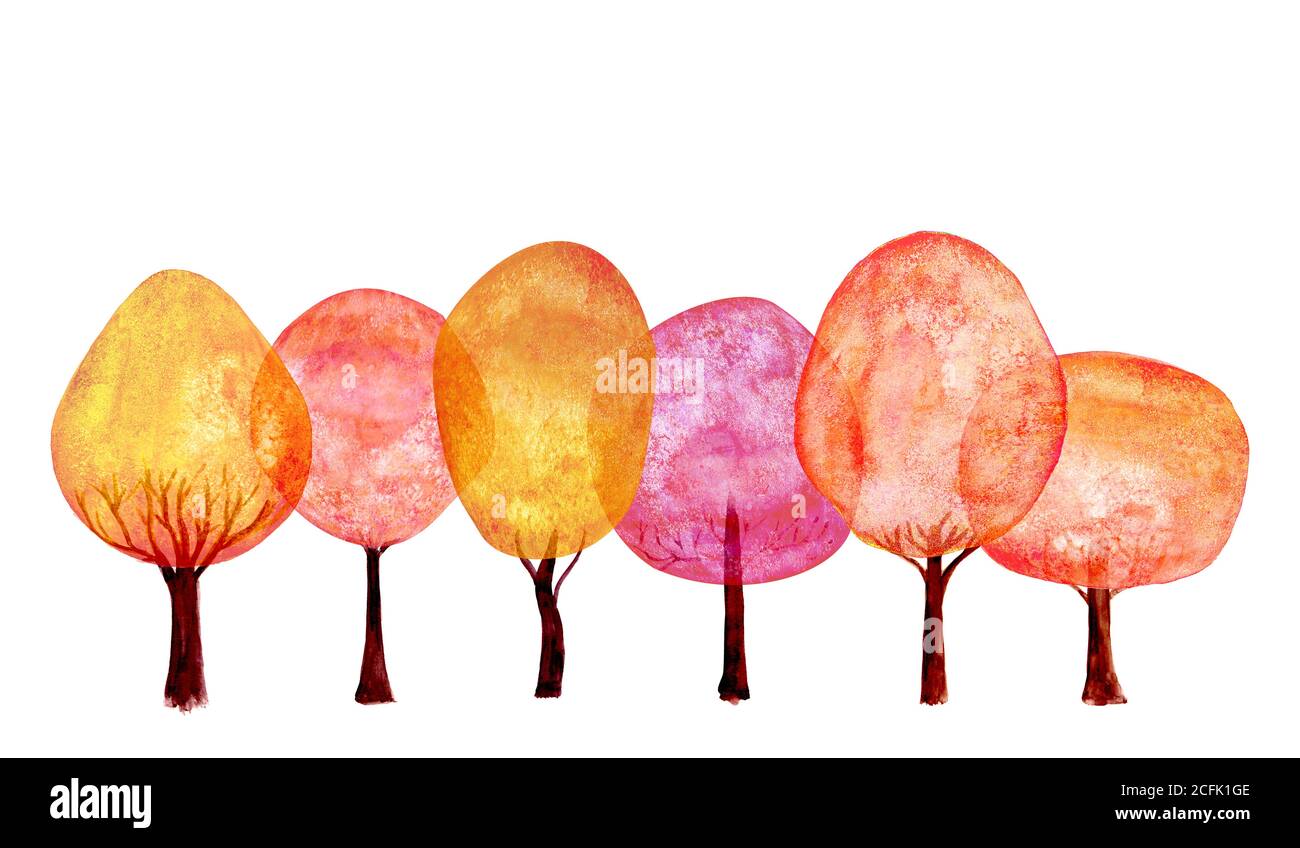Autumn orange red gold overlapping trees set background. Watercolor ...