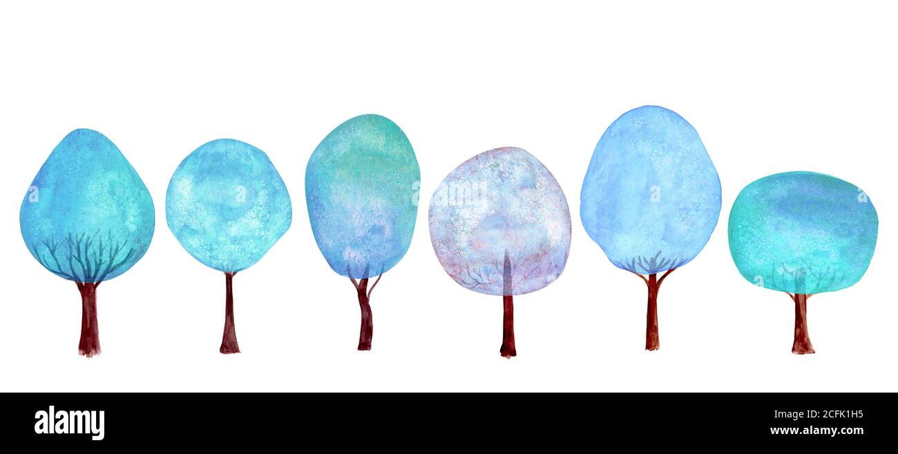 Trees set. Winter background. Watercolor cartoon blue colorful fresh ...