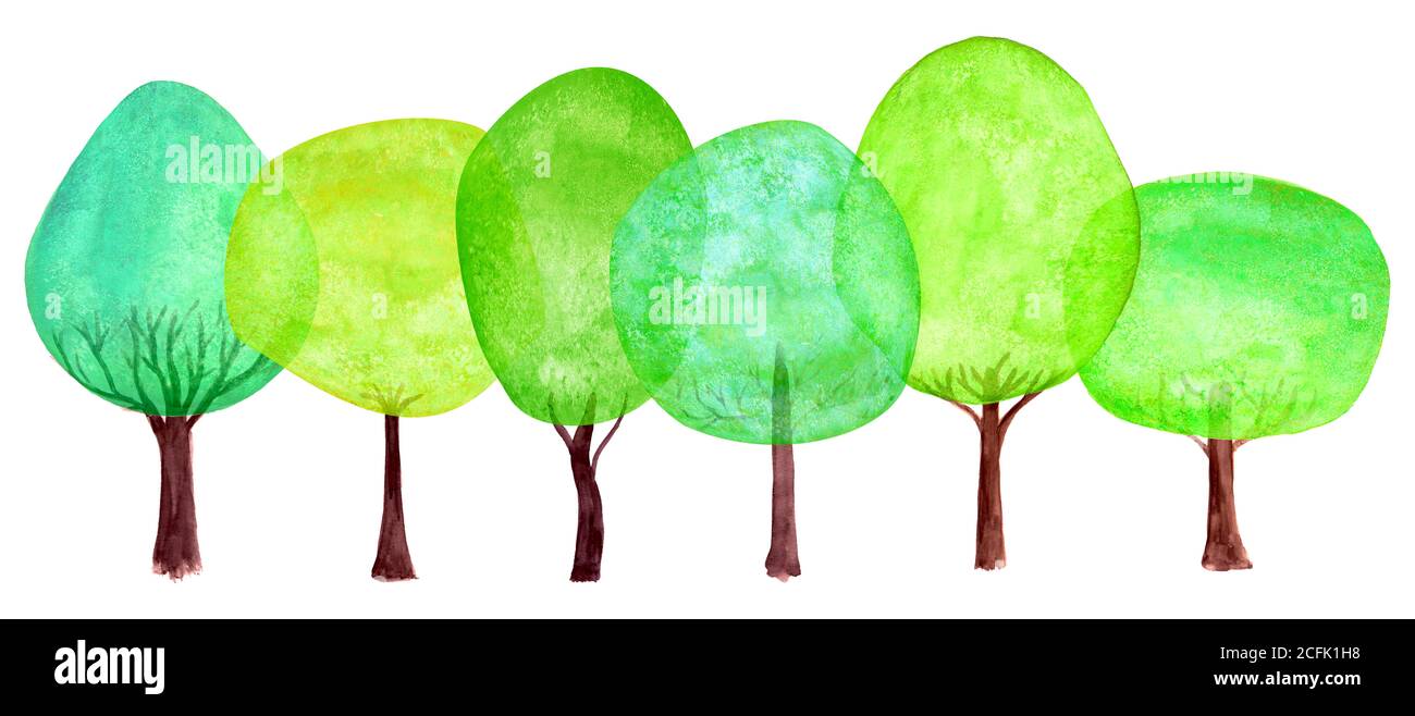 Summer green overlapping tree set background. Watercolor cartoon ...