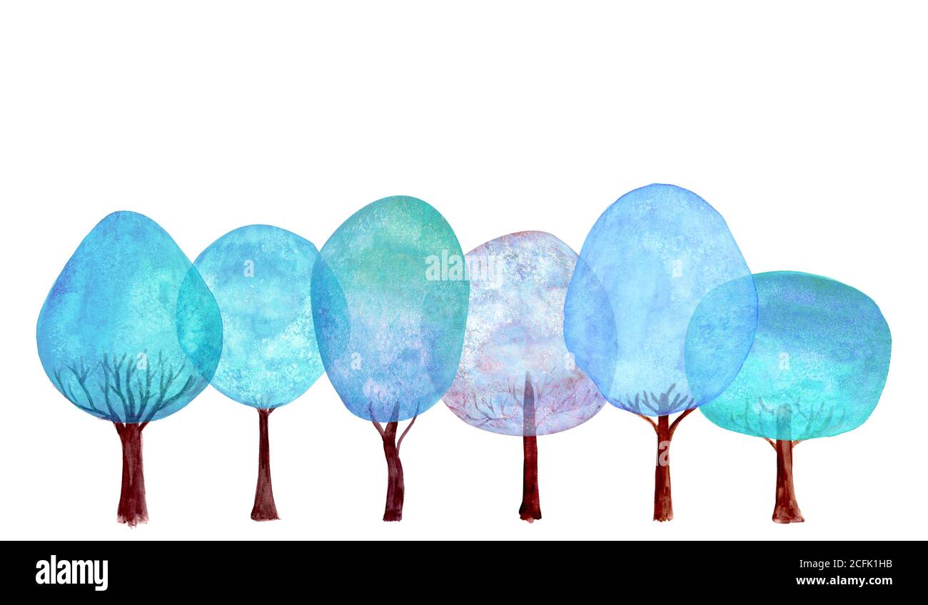 Winter trees background. Watercolor cartoon blue colorful fresh ...