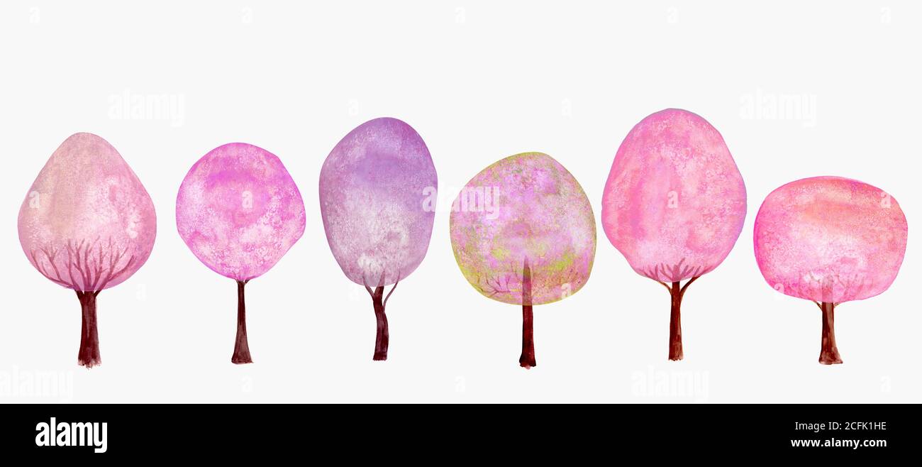 Spring trees set. Watercolor cartoon pink color fresh tree collection ...