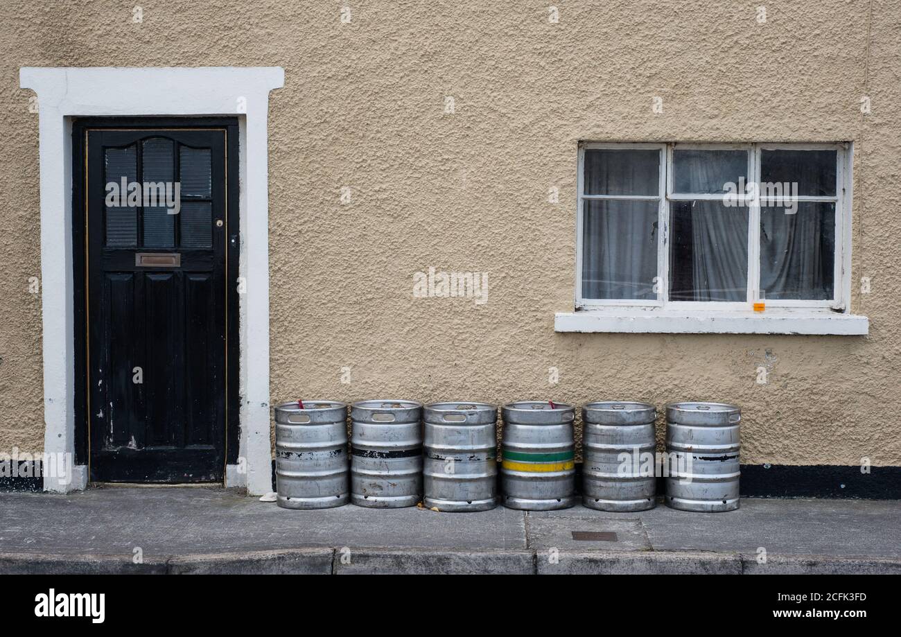 Beer kegs outside of a closed traditional Irish pub in rural county ...