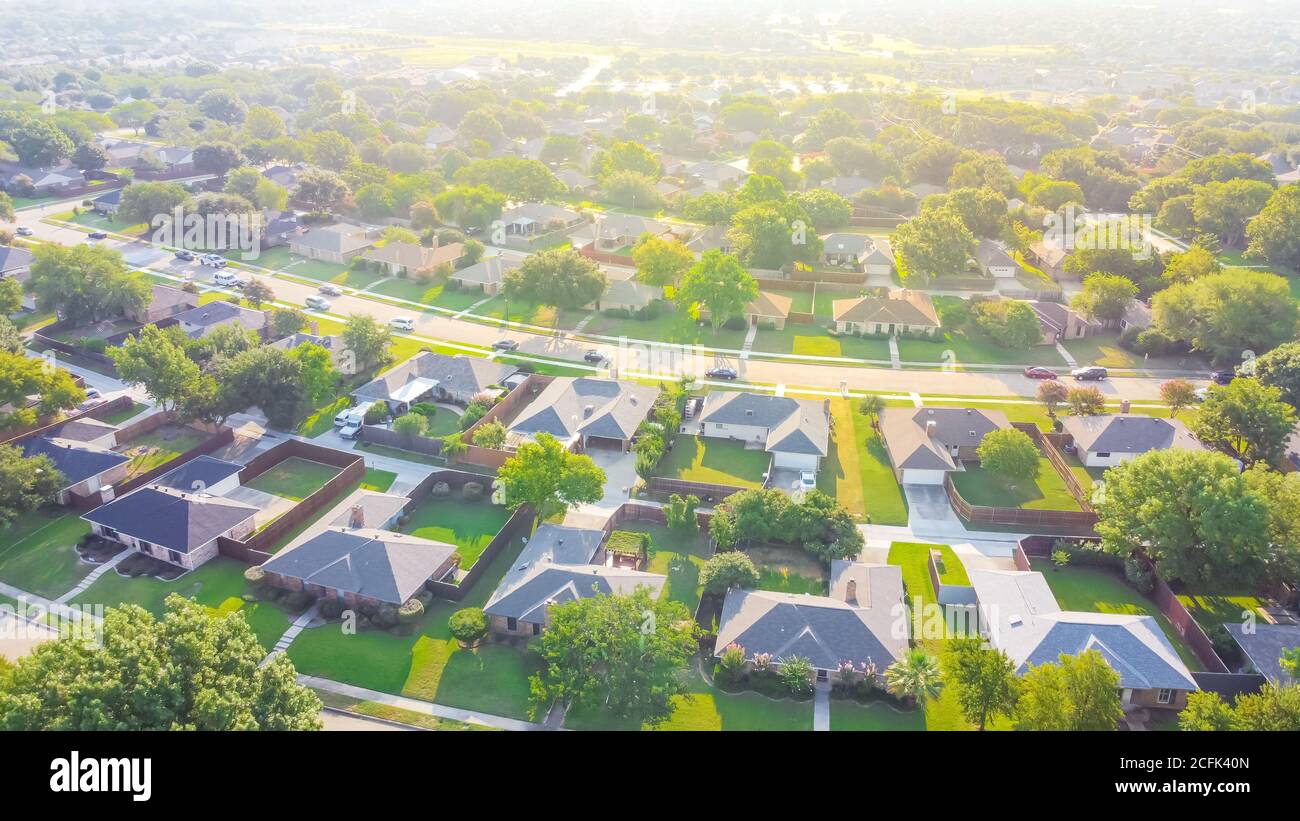 Aerial view urban sprawl subdivision near Dallas, Texas, USA row of ...