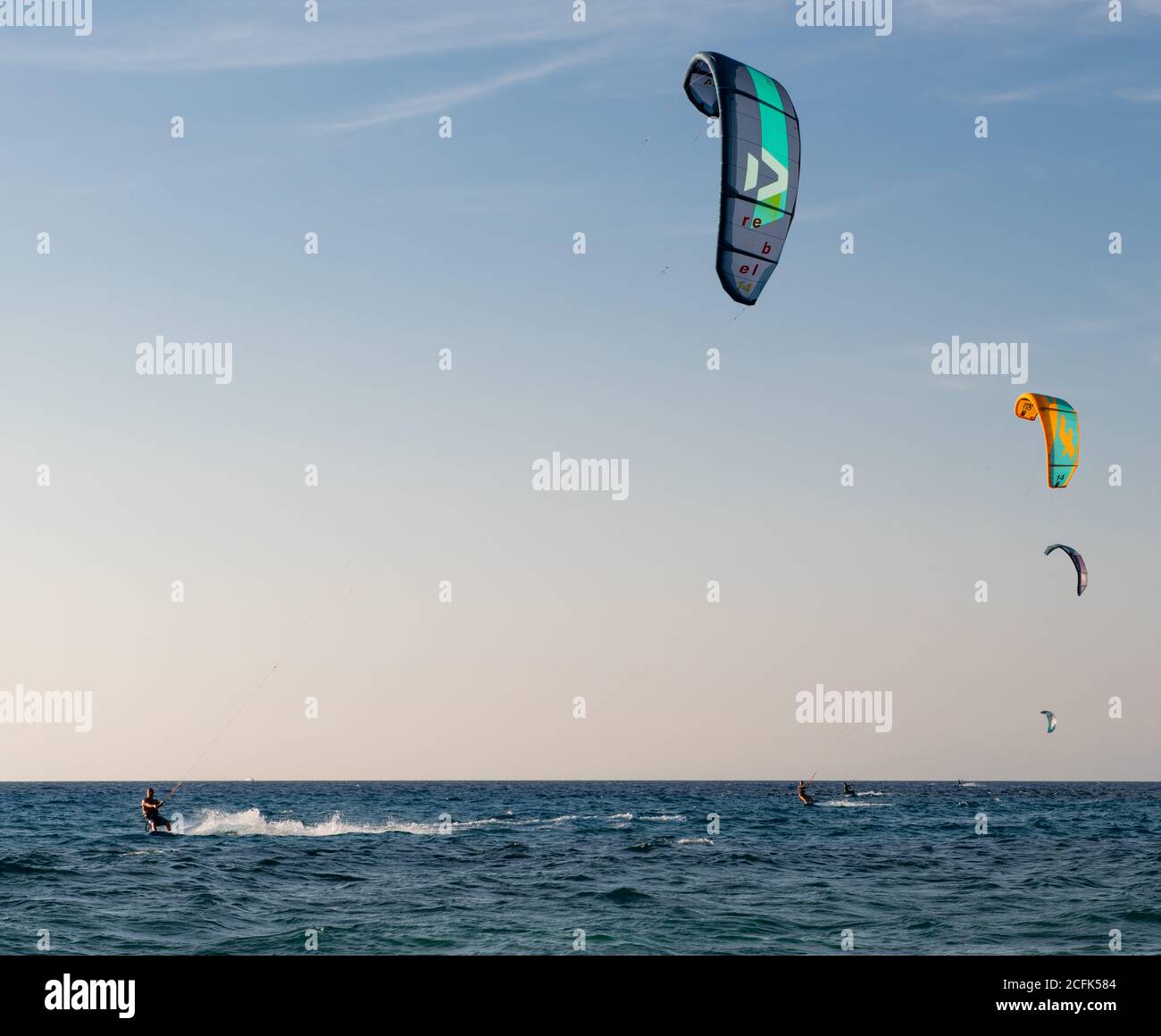 Kite surfing or kite boarding on Agios Ioannis Beach. A popular extreme ...