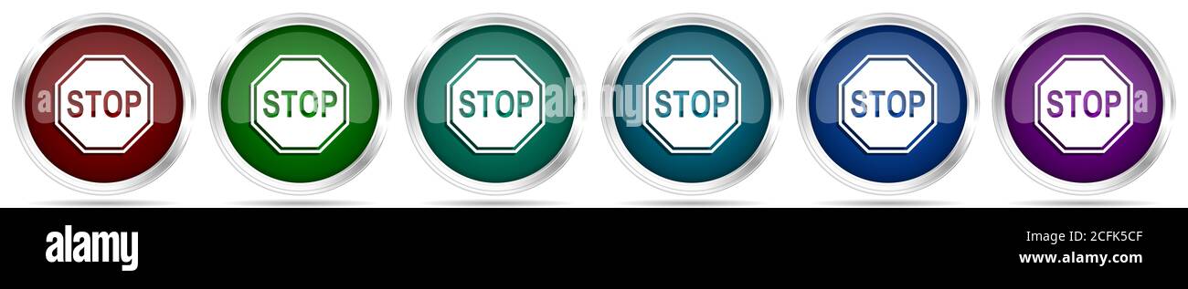 Stop, sign, danger, warning icons, set of silver metallic glossy web ...