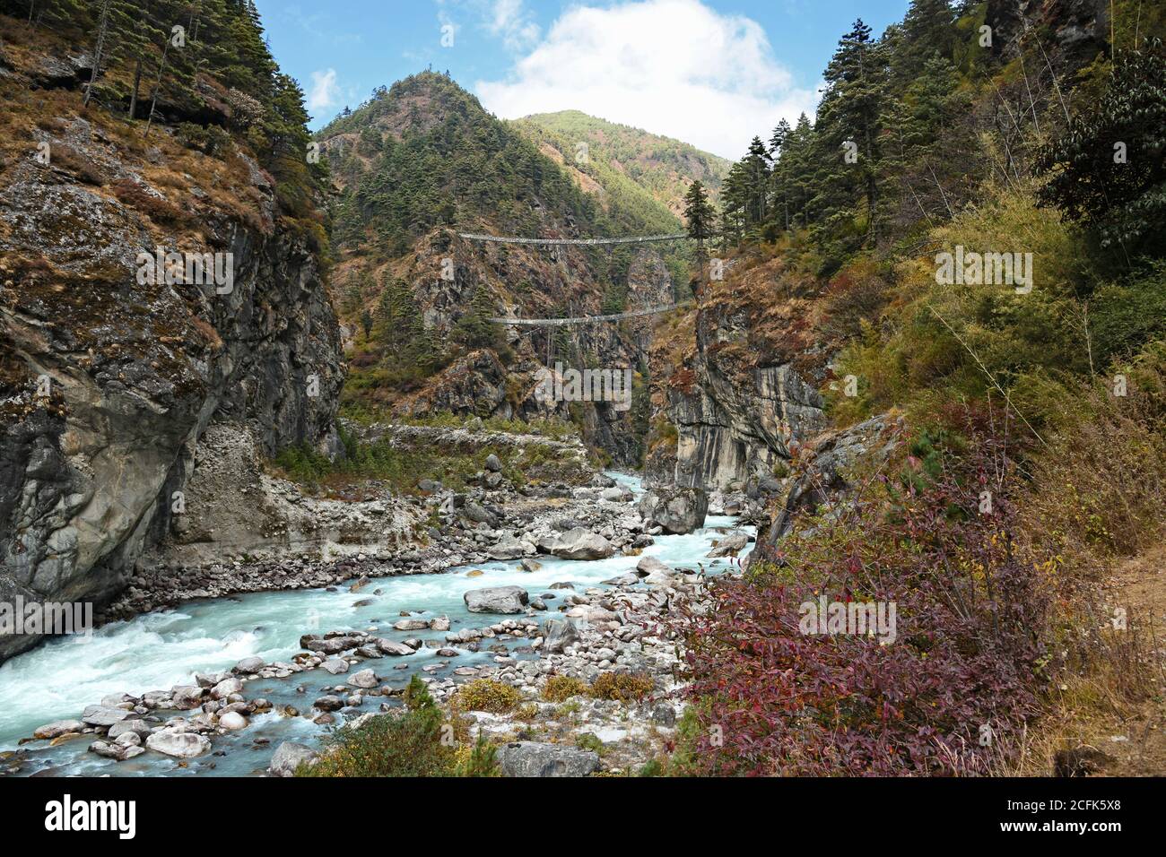 A double suspension bridge over the Dudh Koshi river on the way to ...