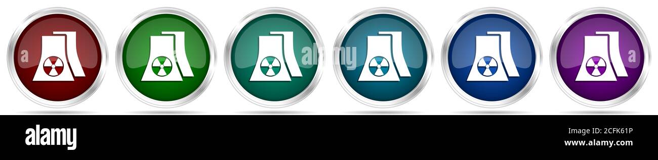 Nuclear power plant icons, set of silver metallic glossy web buttons in ...