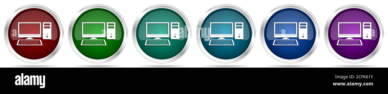 Computer, desktop icons, set of silver metallic glossy web buttons in 6 ...