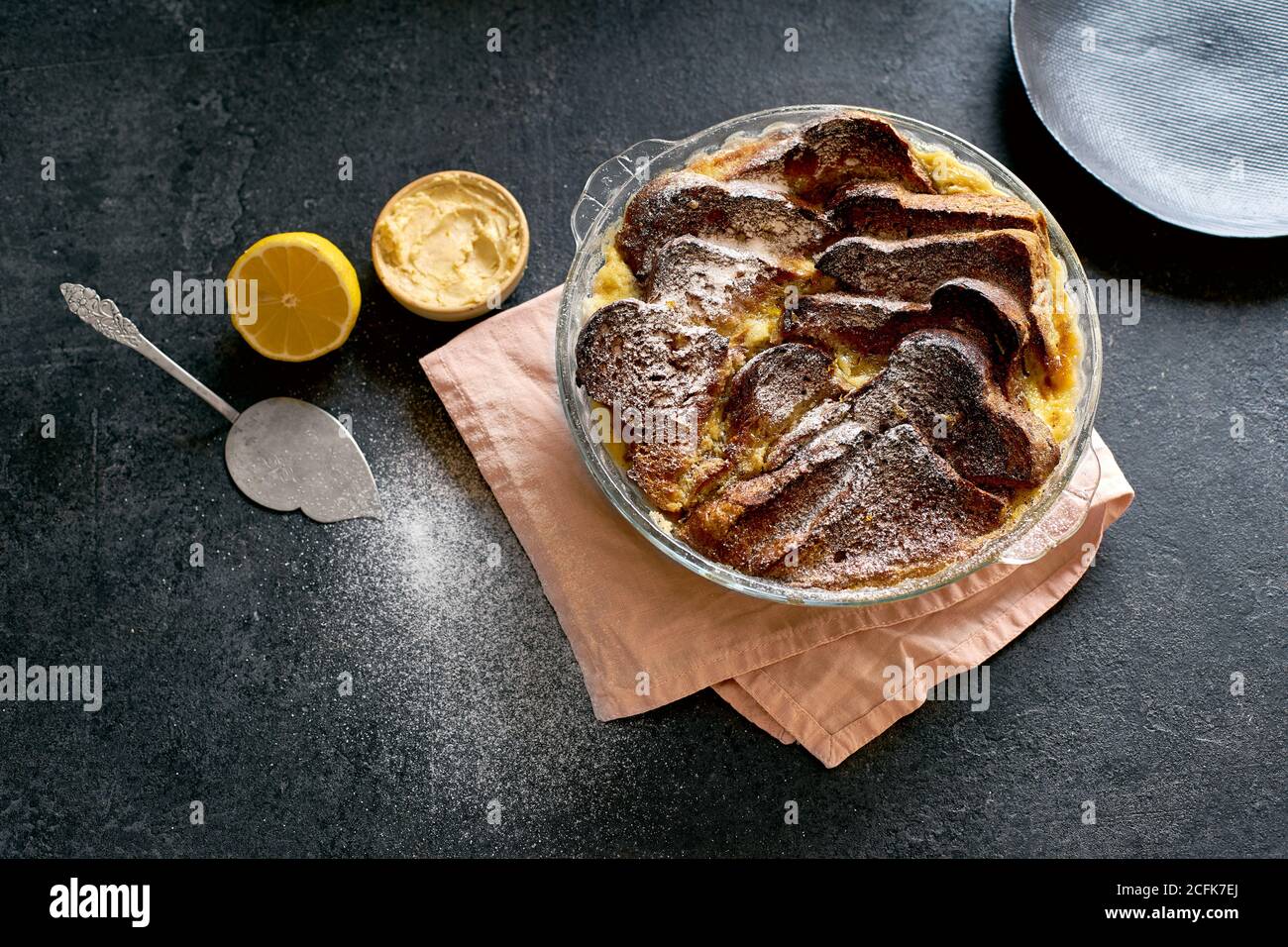 Top view of traditional bread pudding with custard, served with ...