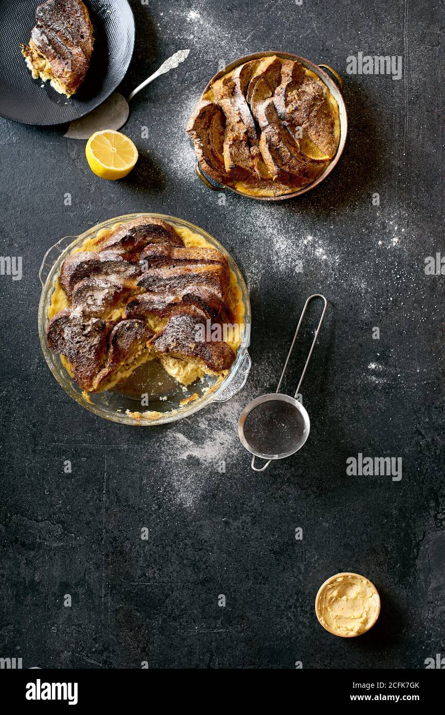 Top view of traditional bread pudding with custard, served with ...