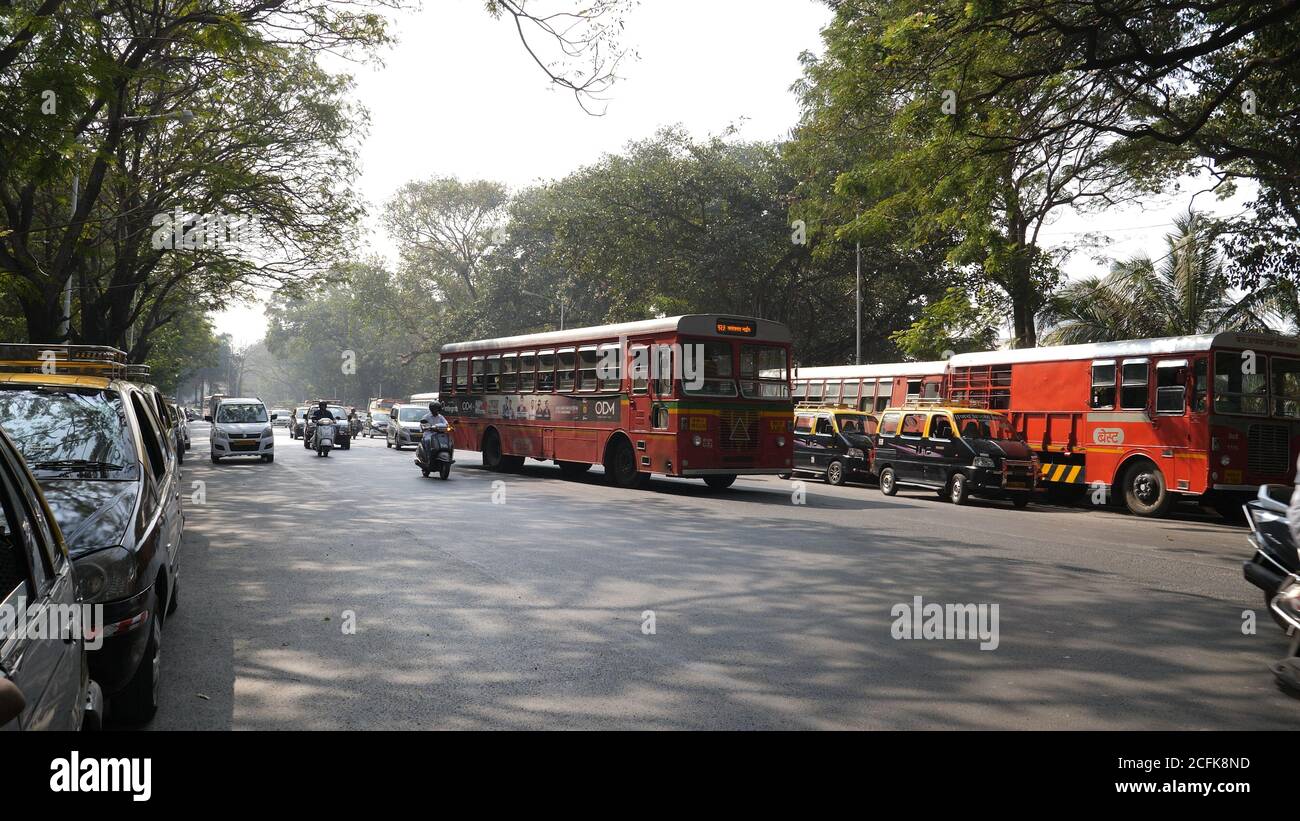 Mumbai, India - December 25, 2017: Buses in the street of Mumbai ...
