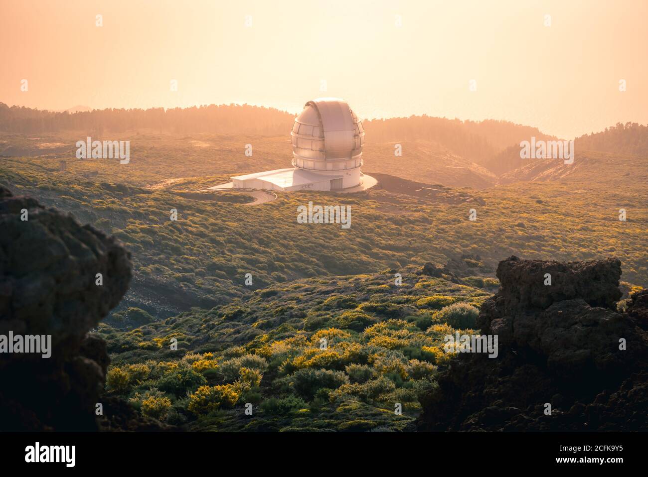 High angle of breathtaking landscape with observatory located on hill ...