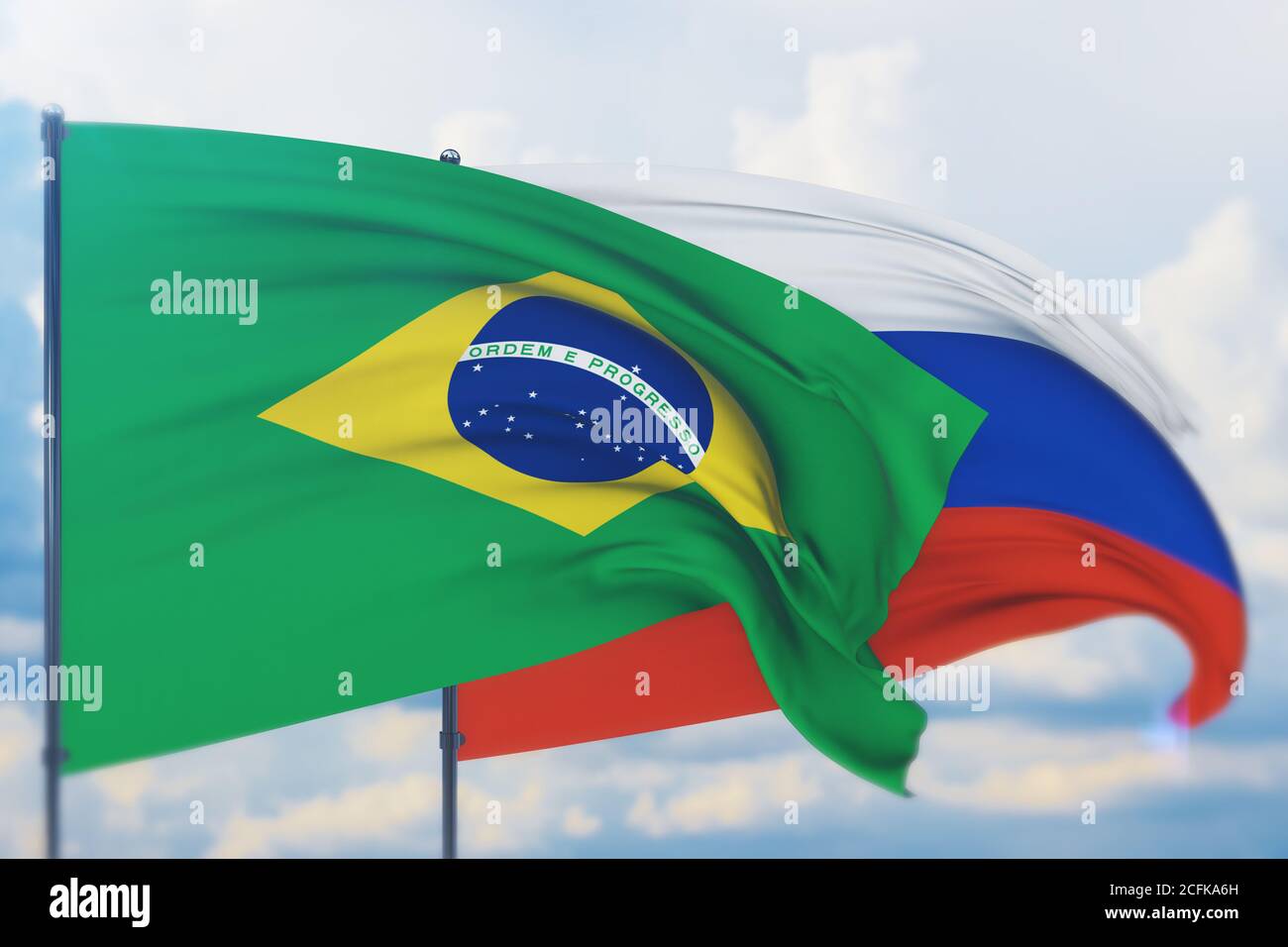 Waving Russian flag and flag of Brazil. Closeup view, 3D illustration ...