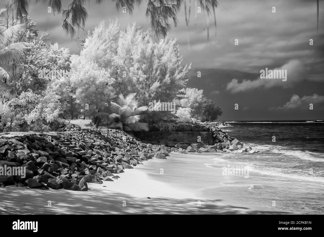 Infrared view of beautiful tropical island shoreline with ocean and ...