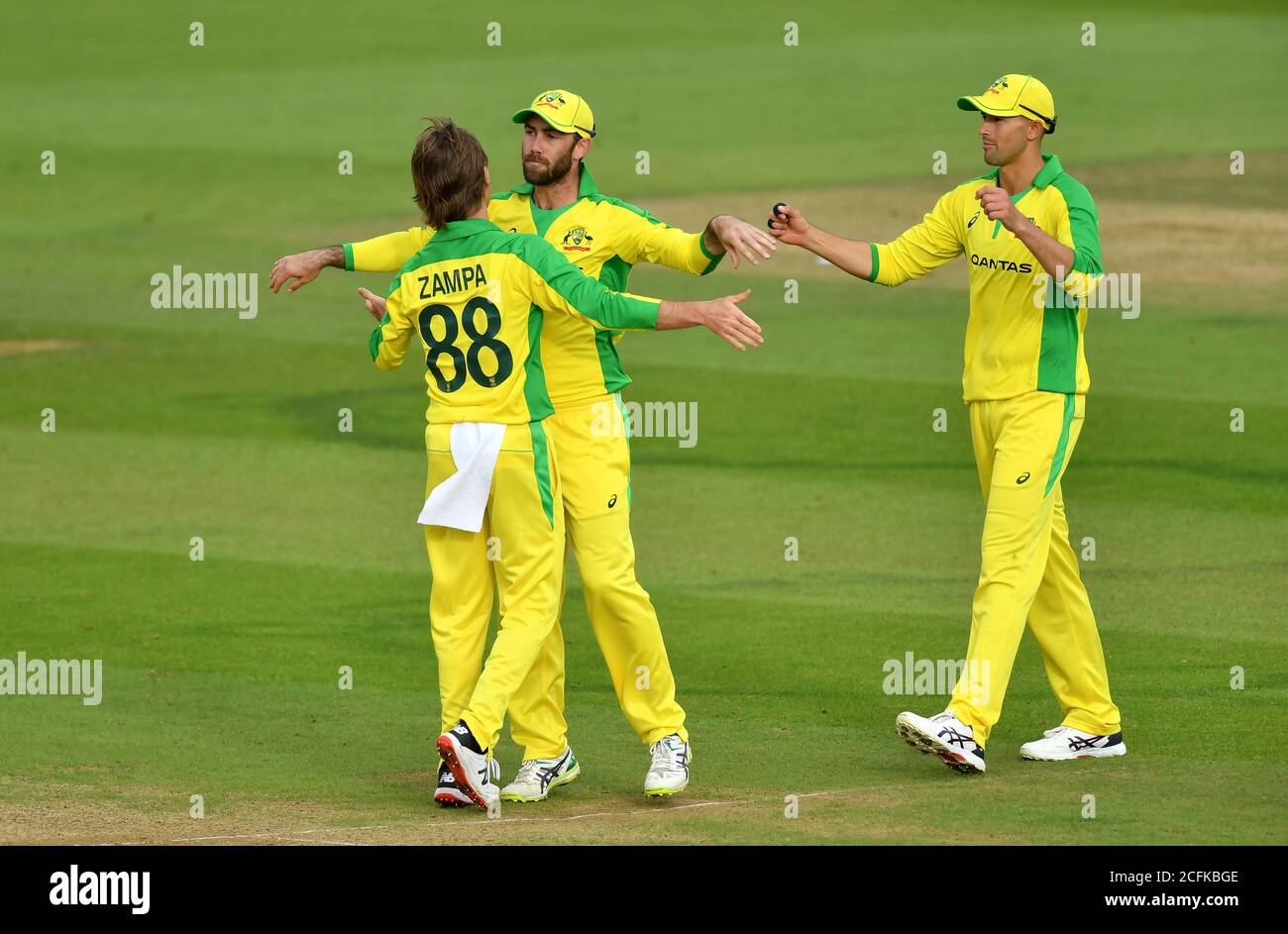 Adam Zampa (left) celebrates with Glenn Maxwell after taking the wicket ...