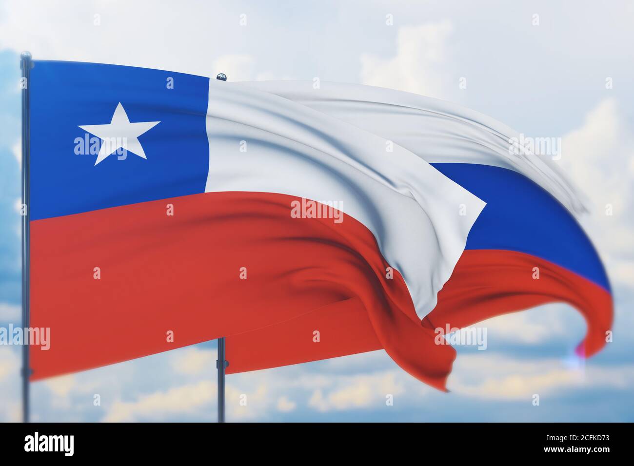 Waving Russian flag and flag of Chile. Closeup view, 3D illustration ...