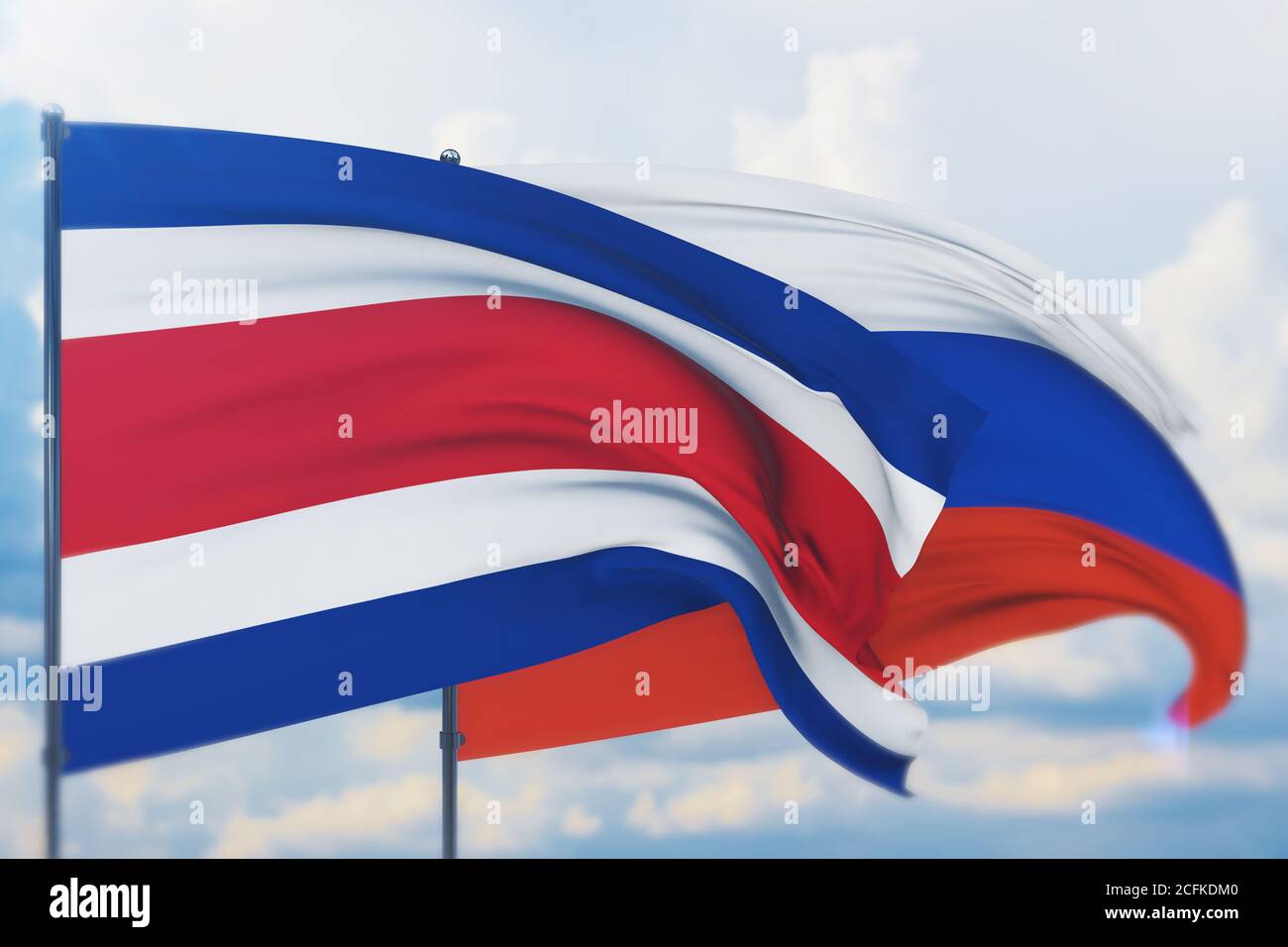 Waving Russian flag and flag of Costa Rica. Closeup view, 3D ...