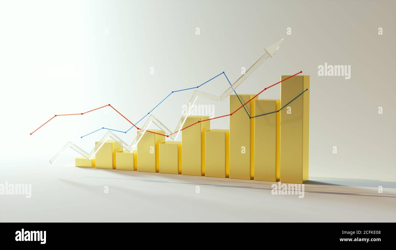 3d render of financial data rising golden bar graph growing, chart ...