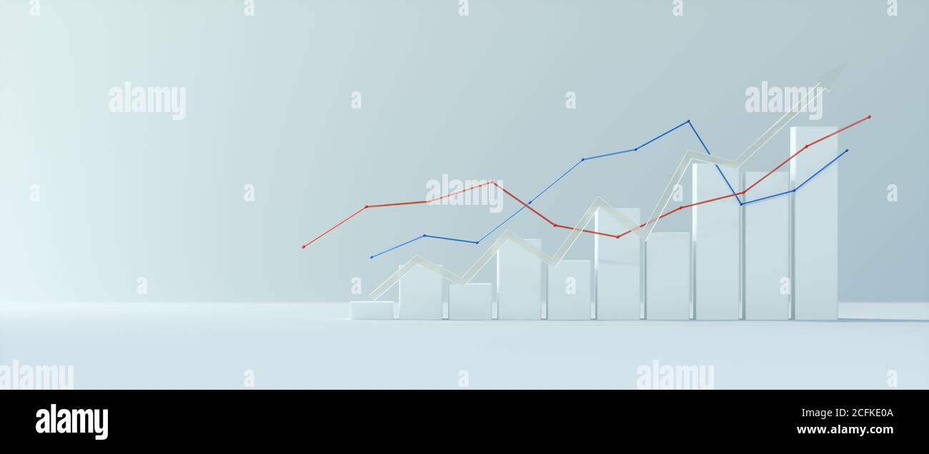 3d render of financial data rising bar graph growing, chart business ...