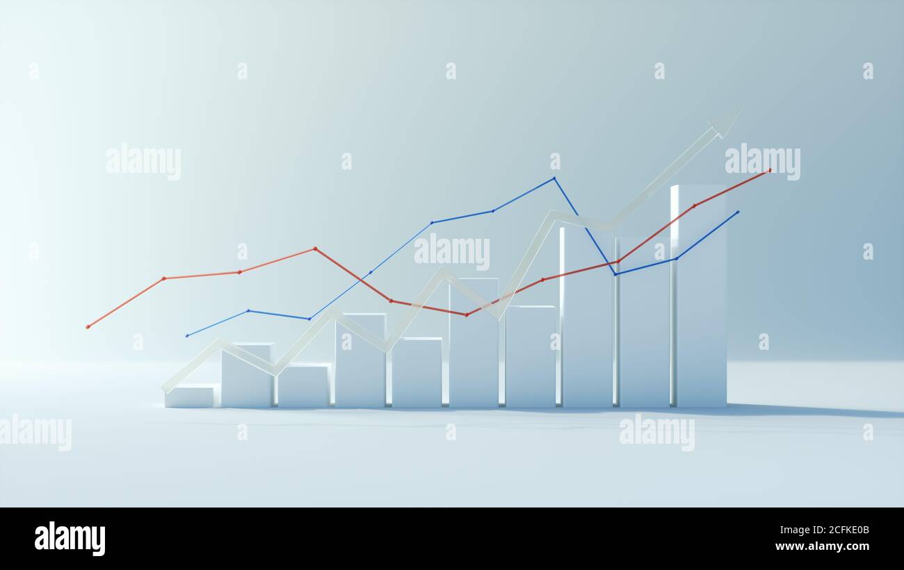 3d render of financial data rising bar graph growing, chart business growth on white Background ...