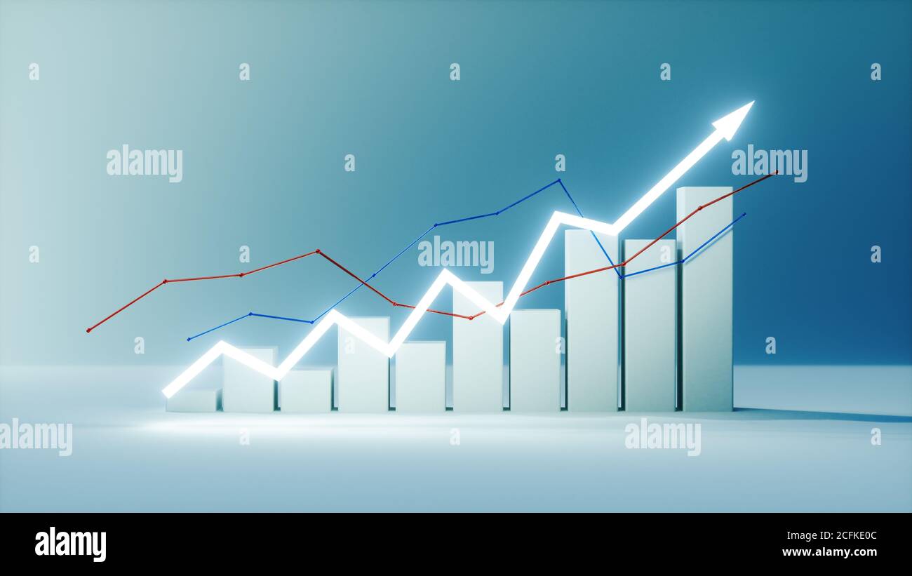 3d render of financial data rising bar with illuminated graph growing ...