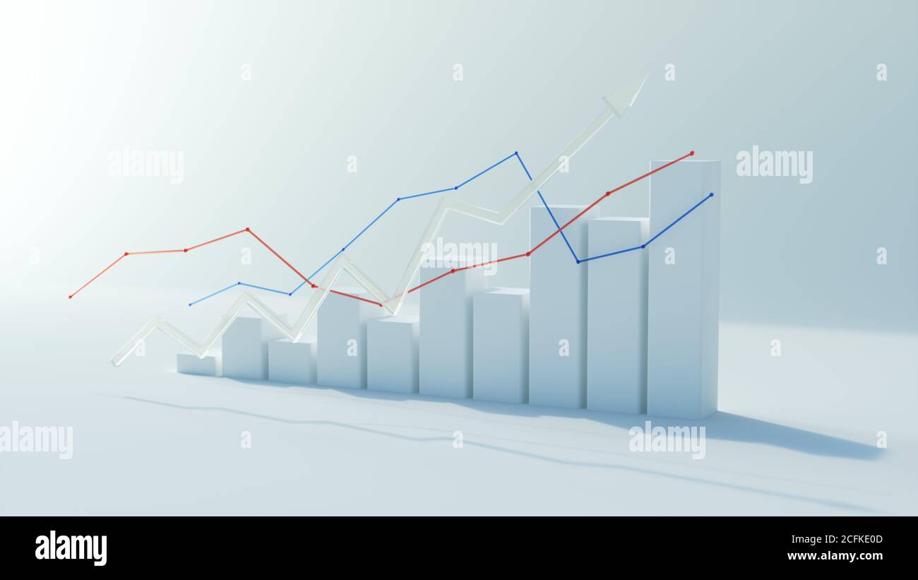 3d render of financial data rising bar graph growing, chart business ...