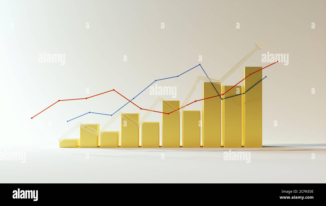 3d render of financial data rising golden bar graph growing, chart ...