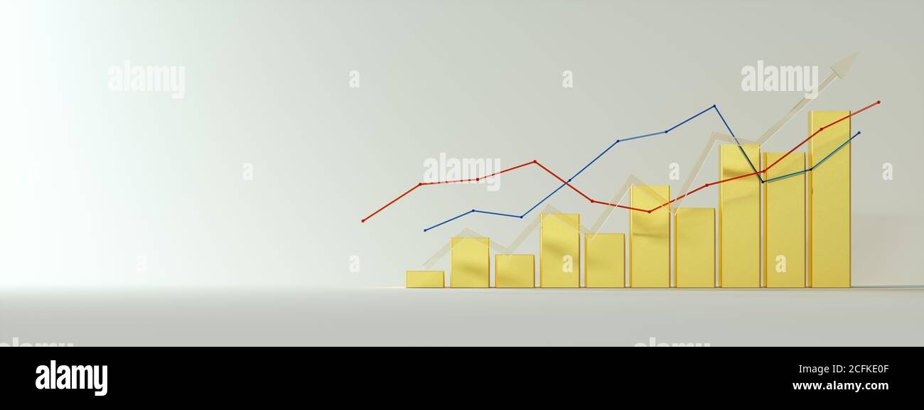 3d render of financial data rising golden bar graph growing, chart ...