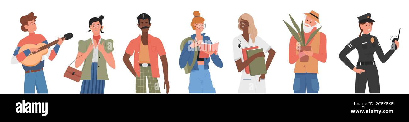 Casual people flat vector illustration set. Cartoon diverse multiracial ...