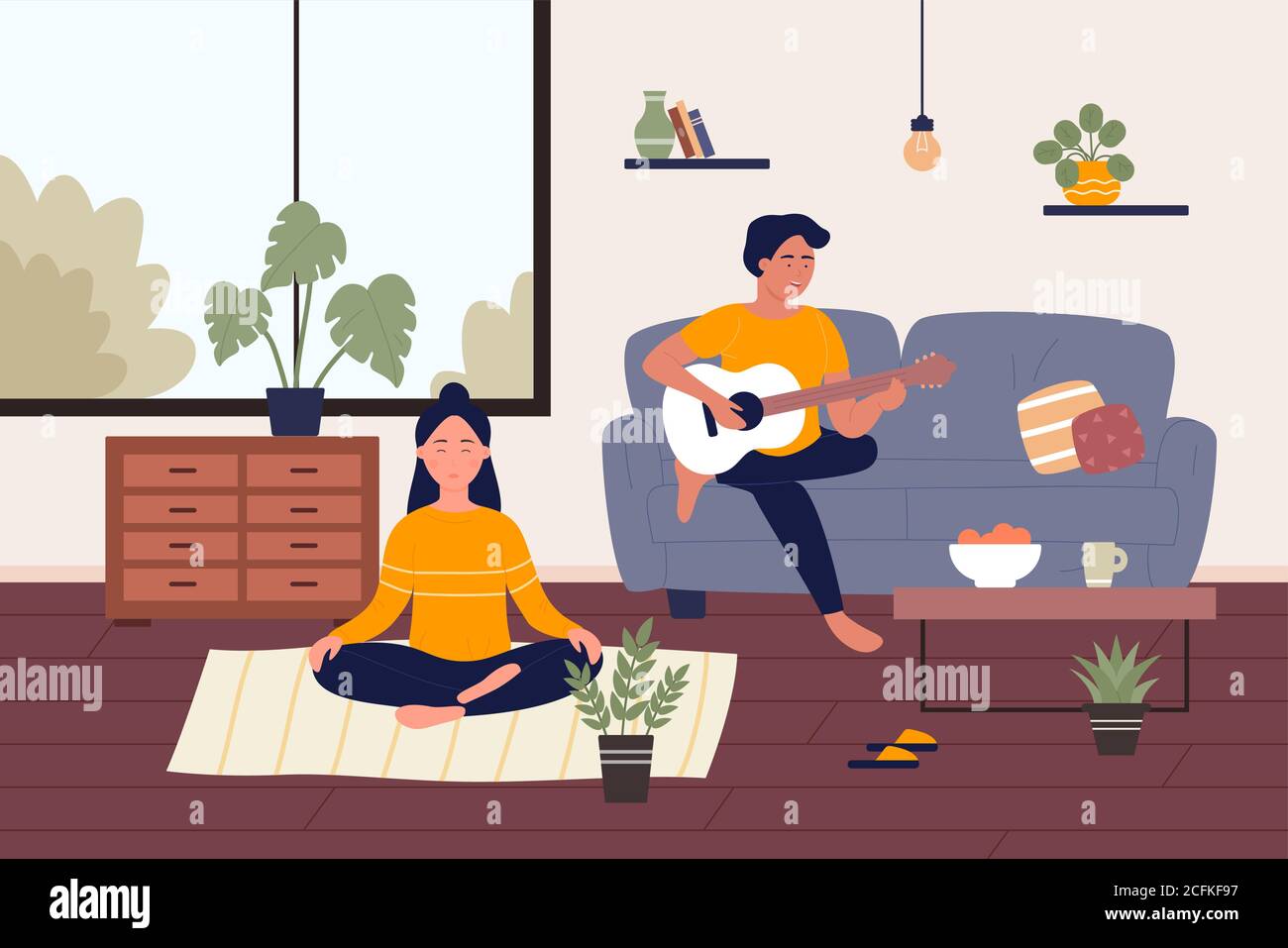 Home weekend flat vector illustration. Cartoon happy young couple ...