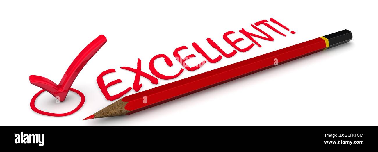 Excellent! The check mark. Red check mark, pencil and the assessment ...