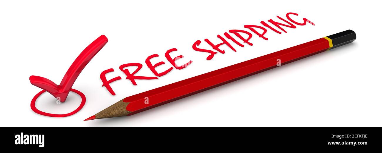Free shipping. The check mark. Red check mark, pencil and the text FREE ...