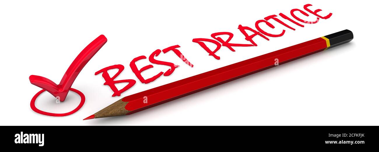 Best practice. The check mark. Red check mark, a pencil and the ...