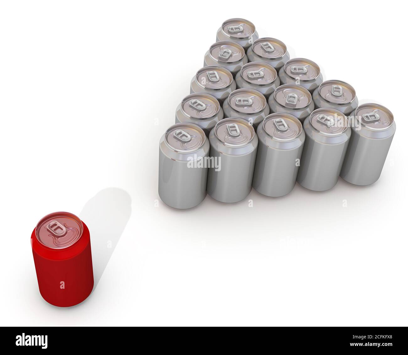 Many gray aluminum cans stand next to one red. 3D illustration Stock ...