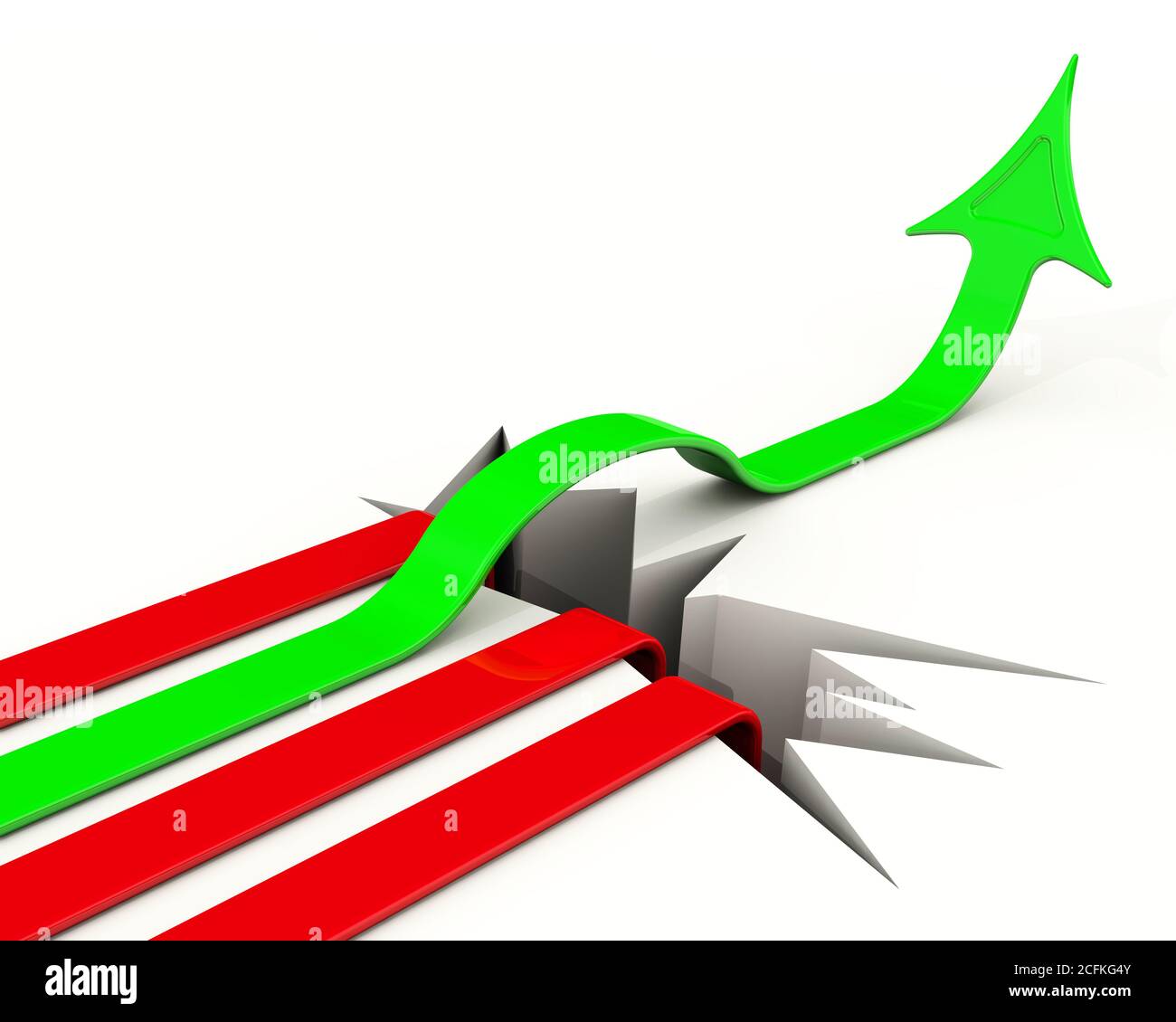 Overcoming problems. Green arrow overcomes the obstacle. The concept of ...