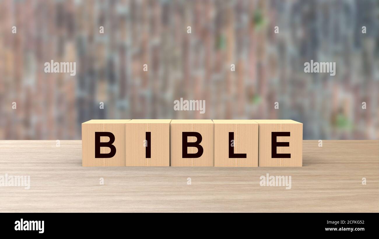 Bible word wooden cubes on table vertical over blur Wall of bricks ...