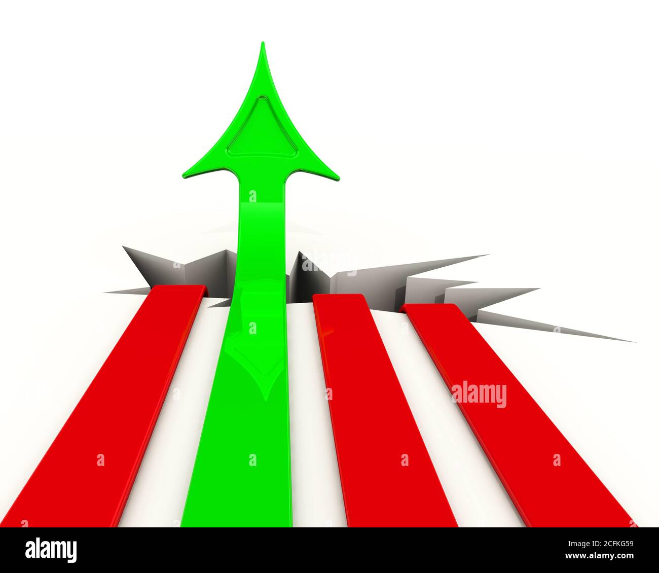 Overcoming problems. Green arrow overcomes the obstacle. The concept of ...
