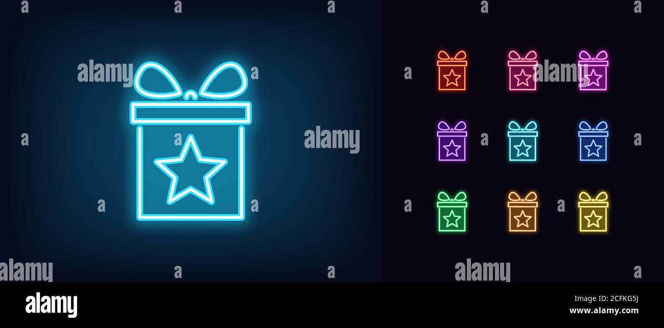 Neon gift box icon. Glowing neon present with star, magic gift in vivid ...