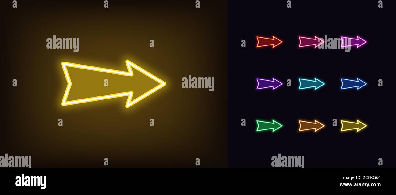 Neon arrow icon. Glowing neon pointer sign, straight arrow in vivid ...