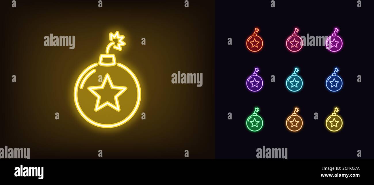 Neon bomb icon. Glowing neon bomb sign with star, explosive rating in ...
